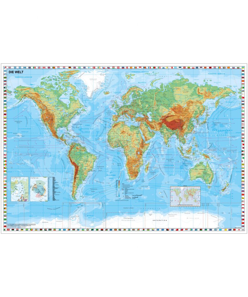 Weltkarte physisch mit Flaggen - Stiefel